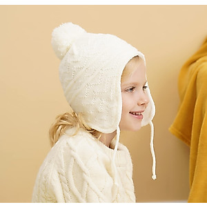 Connectyle Toddler Boys Beanies with Ear Flaps Kids Pompom Beanie Hat Fleece Lined Knit Winter Skull Caps M White