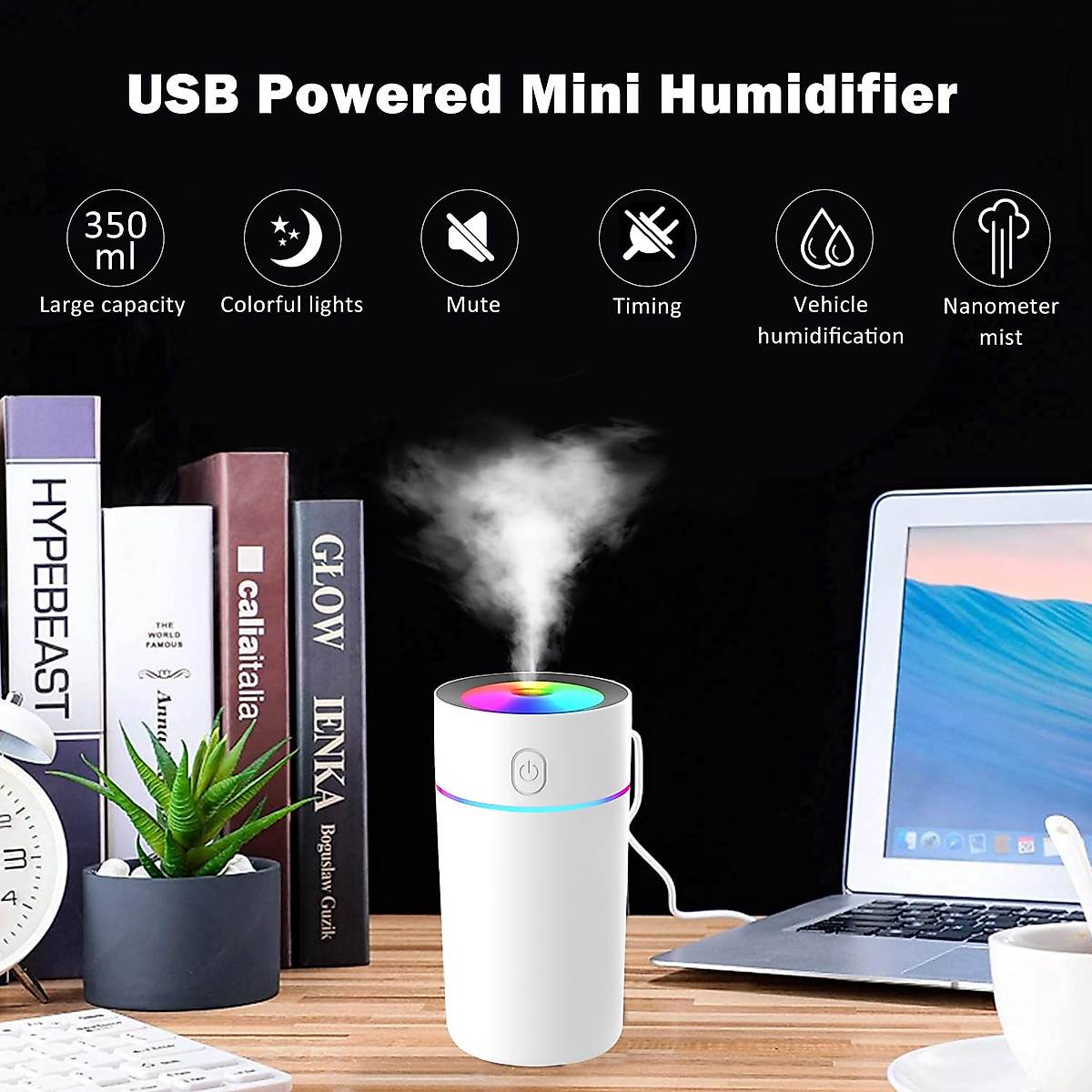 Portable Mini Humidifier with 7-color Lights, Cool Mist Small Desk Humidifiers Car Humidifier [2 Mist Modes] USB Personal Desktop Humidifiers for Bedroom, Office, Travel, Car, Plants, Super Quiet
