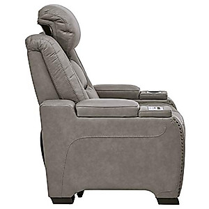 Signature Design by Ashley The Man-Den Leather Power Recliner with Adjustable Headrest & Wireless Charging, Gray