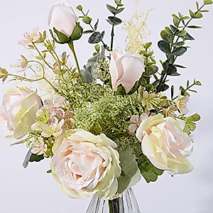 PERFNIQUE Faux Flowers with Vase, Artificial Silk Roses in Vase, Fake Eucalyptus Plant Bouquet, Floral Arrangements for Living Room, Dining Table Centerpiece, Coffee Table Decor (Peach Pink)