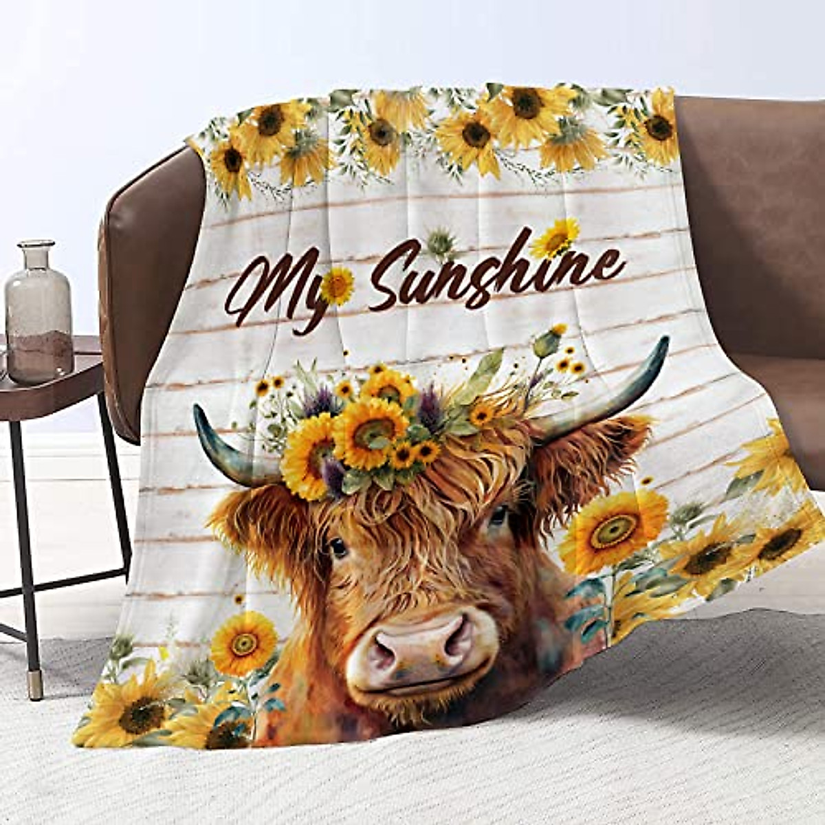 Paready Highland Cow Sunflower Blanket Cow Print Throw Blanket Soft Cozy Blanket for Bedroom Living Room Decor Couch Sofa Lightweight Blanket for Kids Adults-60 X80