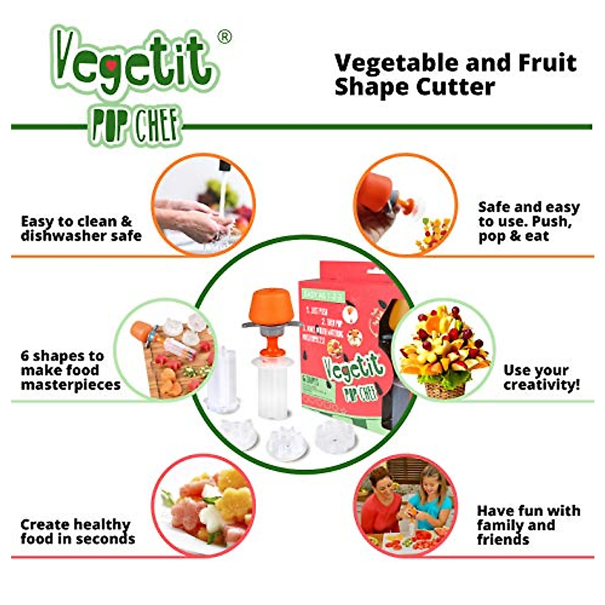 Vegetit Fruit and Vegetable Shape Cutter - ABS Plastic Fruit Decorating Tools - Kids and Toddlers Food Chopper - Pop Chef Set of 6 Shapes