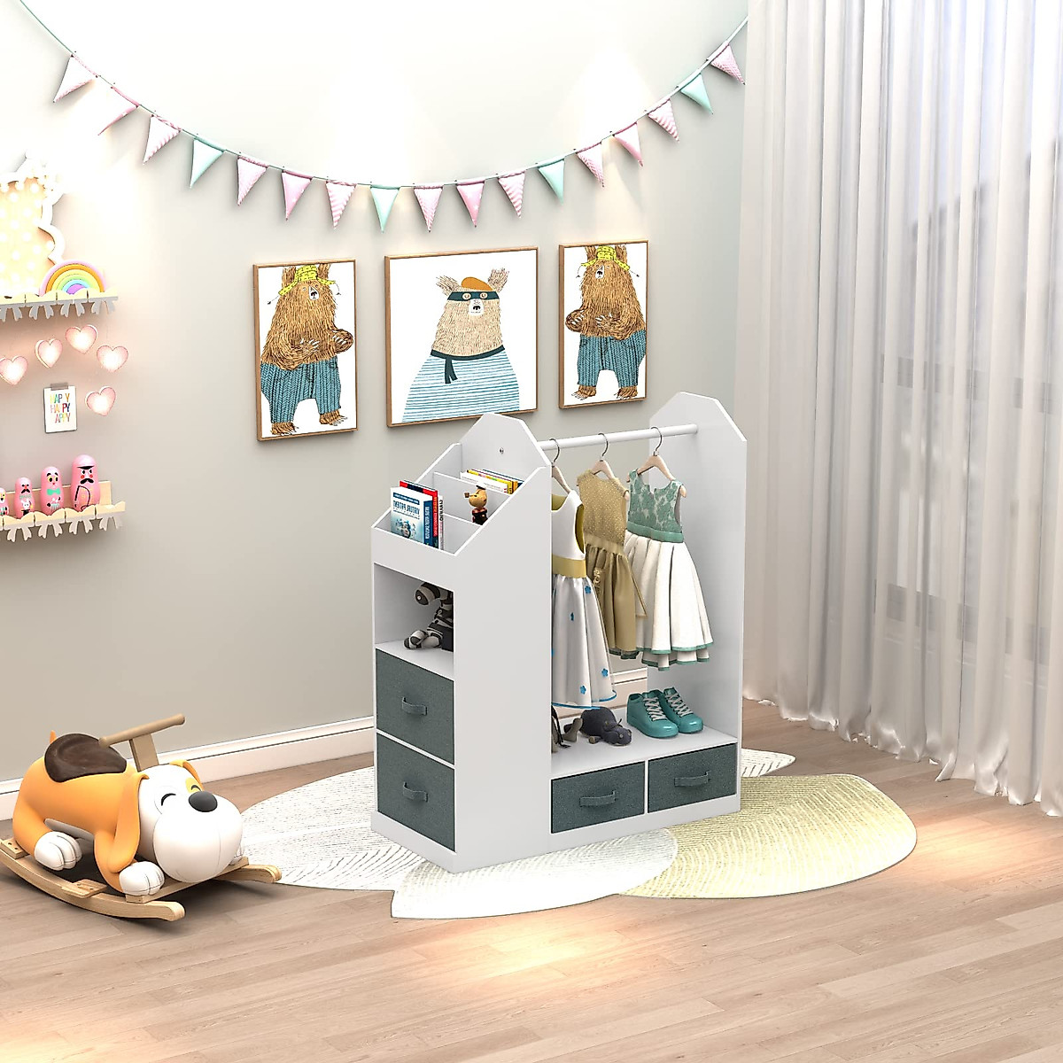 Kids Costume Organizer,Costume Rack, Kids Dress up Storage with Mirror and Storage Bin,Open Hanging Kids Play Armoire Dresser with Mirror,Pretend Storage Closet for Kids,Costume Storage Dresser,WHITE