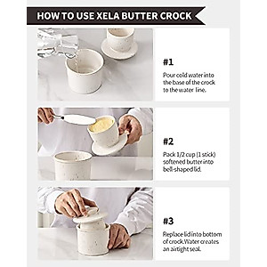 XELA Porcelain Butter Keeper Crock, French Butter Crock for Counter, Butter Keeper With Water Line for Fresh Spreadable Butter-Speckled White