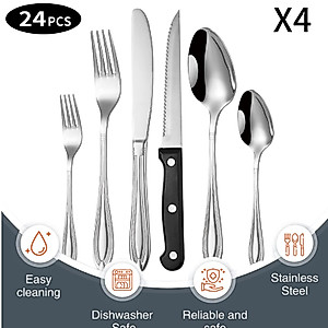 Silverware Set with Steak Knives, Caliamary 24-Piece Stainless Steel Flatware Cutlery Set for 4, Kitchen Cutlery Set for Home Kitchen Restaurant Hotel, Mirror Polished, Dishwasher Safe
