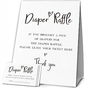 JCVUK Baby Shower Games, 1 Diaper Raffle Standing Sign with 50 Diaper Raffle Tickets, Hello Baby, Modern Minimalist Theme Gender Reveal Party Decorations and Supplies For Boys or Girls(LBLK-A09)