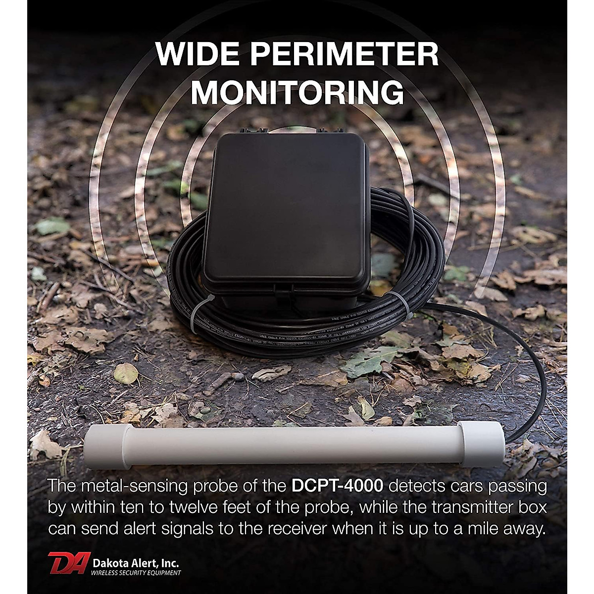 Dakota Alert Driveway Alarm Sensor - DCPA-4k Plus Driveway Alarms Wireless Outside Weatherproof Alert System, 1-Mile-Long Range Sensors, Receiver & Vehicle Detecting Probe Transmitter & 50' Wire