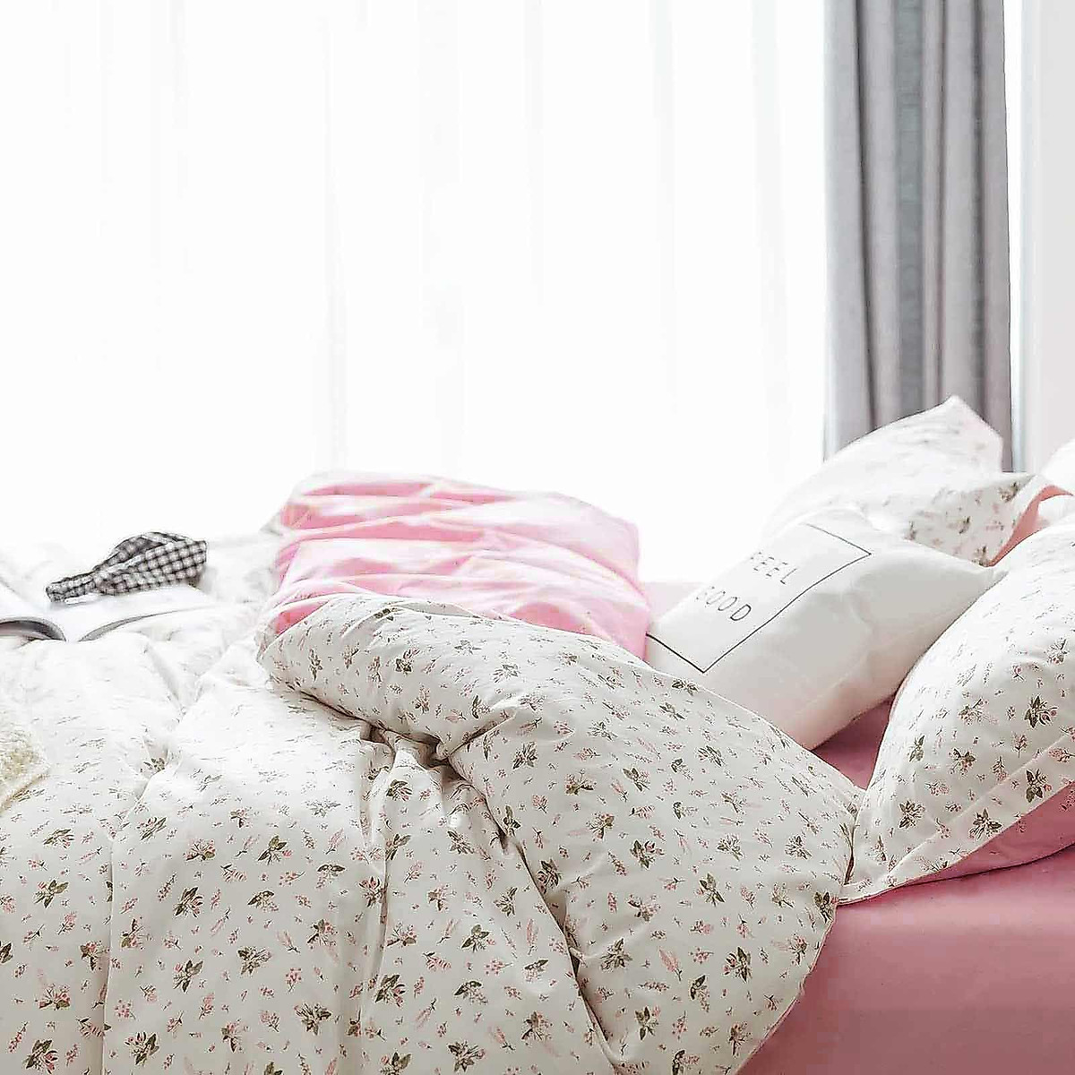 5 Pcs Twin Size Comforter Set with Sheets, Pink White Floral Pattern Printed Preppy Decor Reversible Bed Sets - 68 x 90 Soft Microfiber Flower Duvet Cottage Vintage Bedding in a Bag for Women Girls