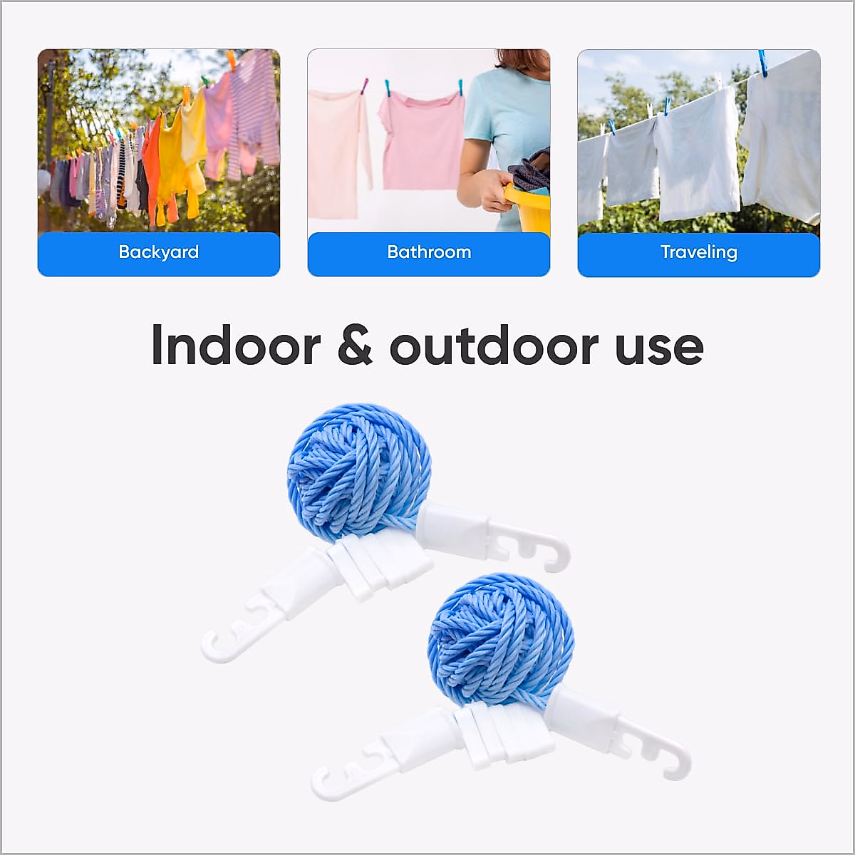 Clothes Line 19.7 Ft - Indoors & Outdoors Clothesline - Portable Laundry Line for Hanging Clothes - Windproof Rope with Hooks
