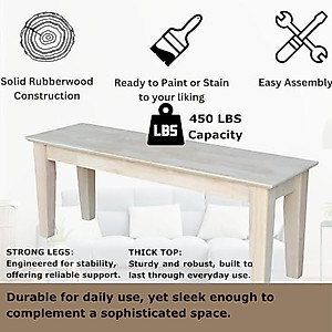 IC International Concepts Shaker Style Bench for Kitchen/Dining, Solid Parawood, 47"W x 14.37"D x 18.7"H, 450 lb Capacity, Paint or Stain in Any Color Any Color, Unfinished