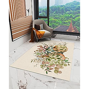 Leaves Pumpkins Large Rectangular Area Rugs 5' x 7' Living Room, Durable Non Slip Rug Carpet Floor Mat for Bedroom Bedside Outdoor Fall Thanksgiving Green Eucalyptus Burlap