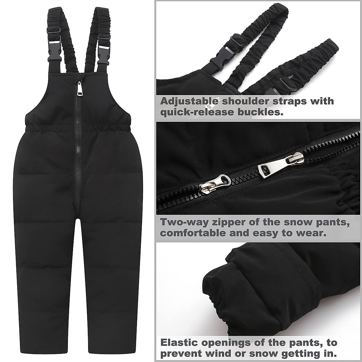 Fewlby Kids 2-Piece Snowsuit Toddler Baby Boys Girls Winter Wear Down Jacket Ski Jacket & Snow Bib Pants Ski Suit, Black 3-4 Years