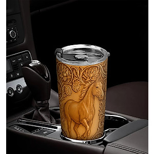 20oz Wooden Flower Horse Tumbler, Country, Equestrian Gifts for Horse Lovers, Coffee Thermos for Women, Men, Stainless Steel Double Wall Vacuum Insulated Coffee Mug, Travel Cup with Lid