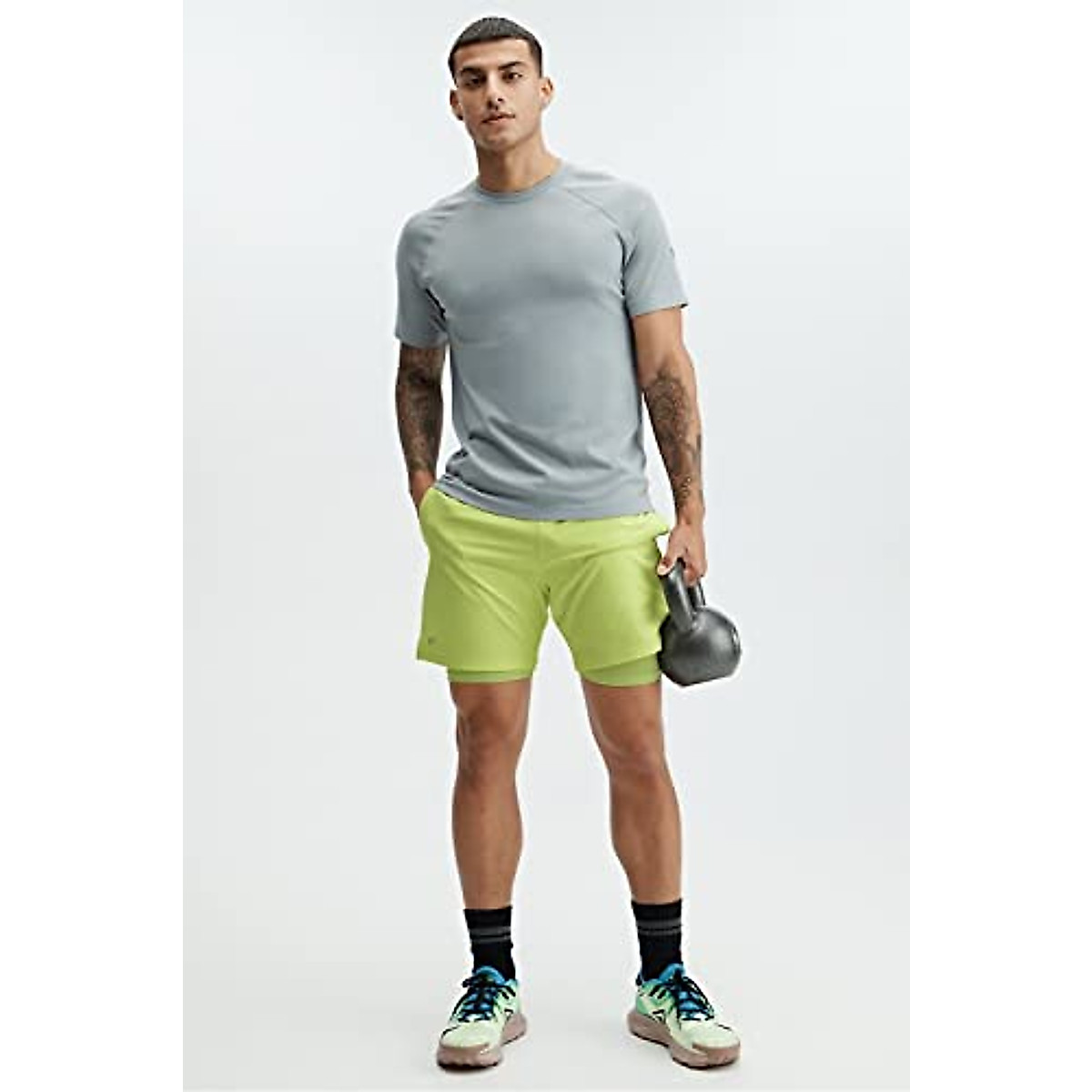 Fabletics Men's The Fundamental Short (Lined), Workout, Running, Training, Gym, Yoga, Ultra Lightweight, Athletic, 7" Inseam, M, Faded Lime