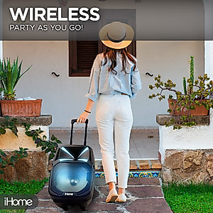 iHome iHPA-1500-LT Bluetooth Wireless Portable Rechargeable Home Party LED Light 15" Inch Woofer 200W Watts Karaoke Machine Rolling PA Tailgate Karaoke Speakers System Microphone on Wheels