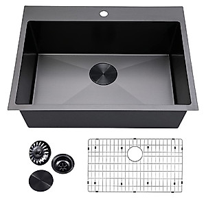 VCCUCINE Black Drop in Kitchen Sink, 33 x 22 Inch Modern Square Single Bowl Stainless Steel Basin Topmount Kitchen Sink, 16 Gauge Metal Laundry Sink with Strainer
