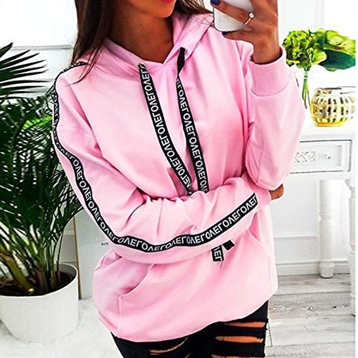 Long Sleeve Sweatshirt for Women THENLIAN Women Plus Size Long Sleeve Solid Sweatshirt Hooded Pullover Tops Shirt(Pink, XXXL)