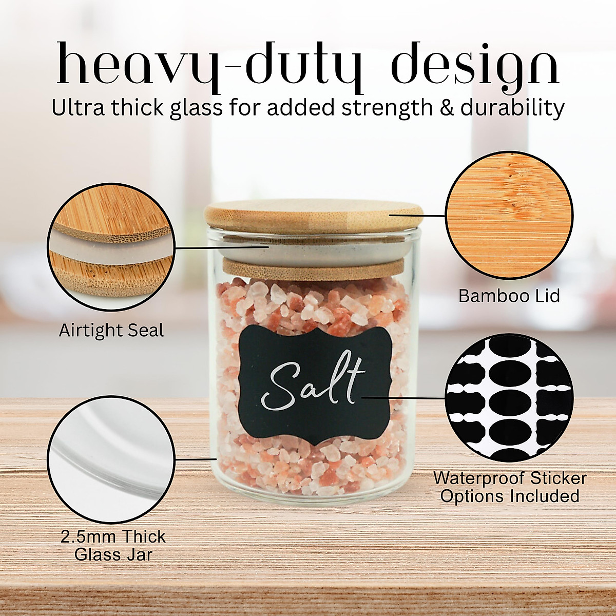 Spice Jar Set - 6oz Glass Spice Jars with Bamboo Lids and Labels, Perfect for Seasoning Containers, Food Storage, and Kitchen Spice Organization, Glass Spice Jars with Lids and Stickers, 2.5mm Thick