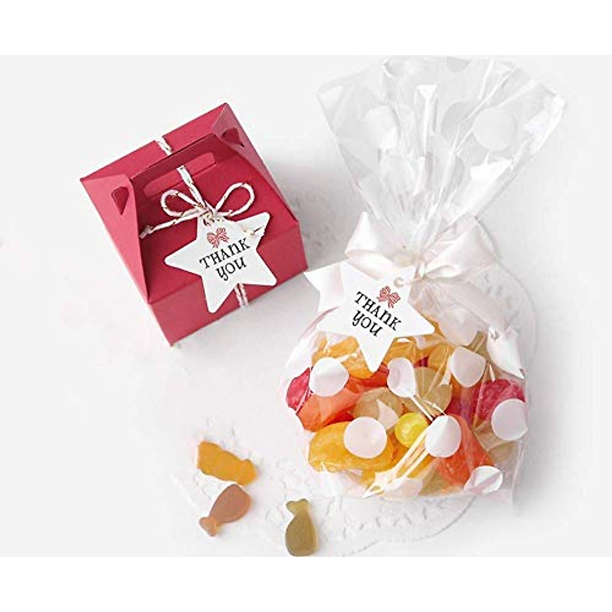 JOERSH 8.1" x 5" Bottom Gusset Clear Plastic Cookie Bags with Ties 200 Pack, White Polka Dots Pattern Small Candy Bags Treat Bags for Muffin Bakery Packaging