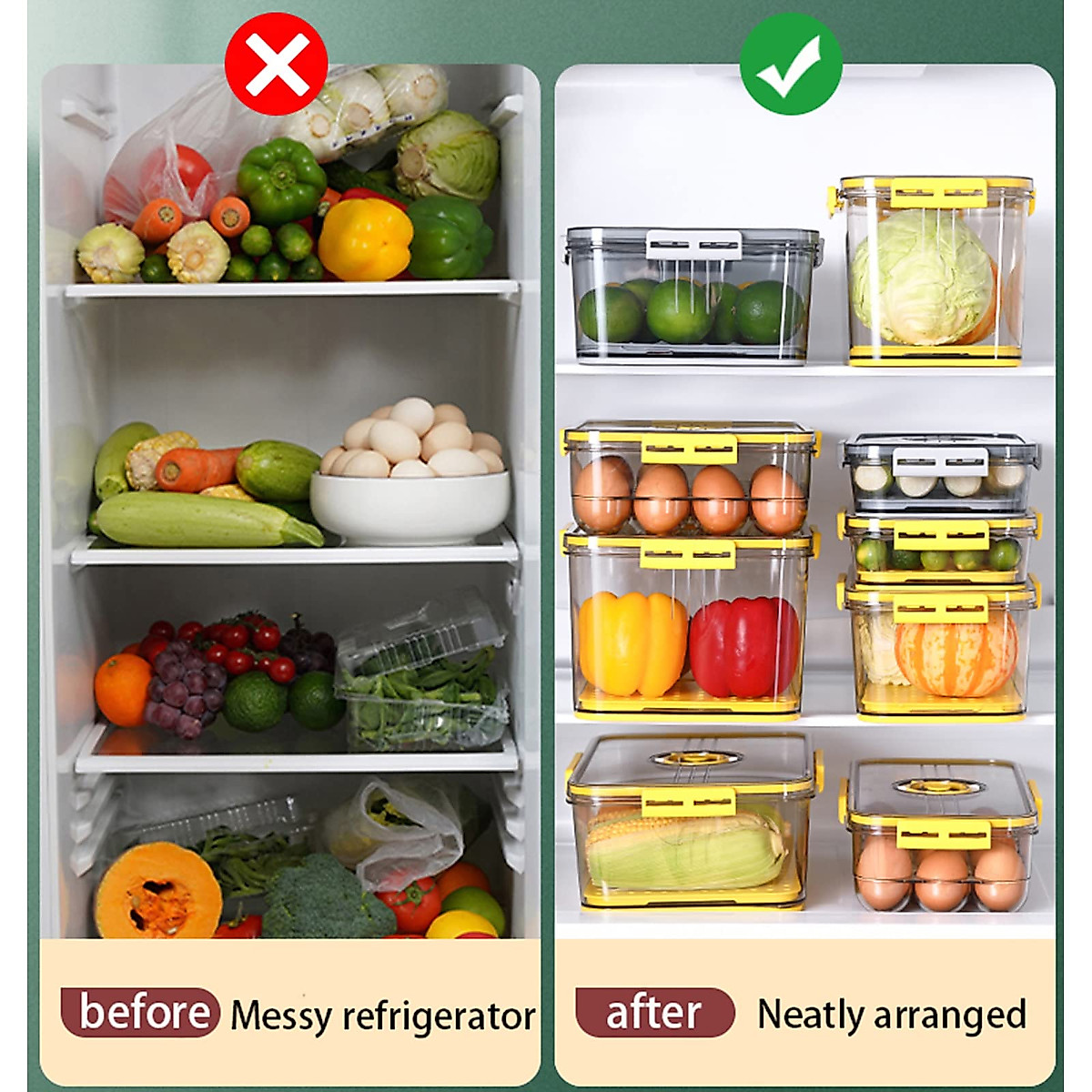 Refrigerator Organizer Bins,Stackable Produce Saver Organizer Bin Storage Containers with Removable Drain Tray for Fridge, Cabinets, Countertops and Pantry(Gray-M)