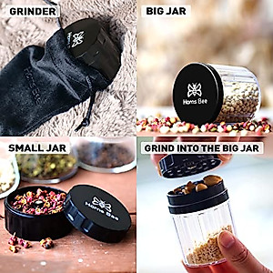 Horns Bee Herb Grinder Containers - Multipurpose Metal Spice Mill with Stash Jar, All-in-One Air Tight Sealable Containers, 2.2'' Sharpstone Grinder, with Accessories and Carrying Pouch