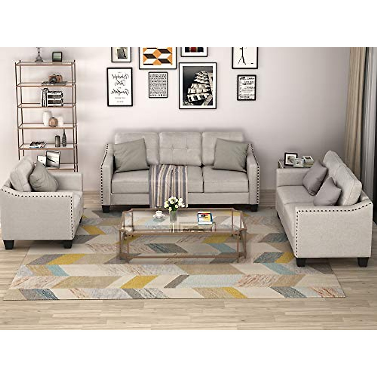 FANYE 3 Pieces Living Room Furniture Sets Include, Loveseat and Armchair, Linen Fabric Upholstered Sectional Classical Rivets Decor and Tufted Back Cushions, Beige Sofa & Couch