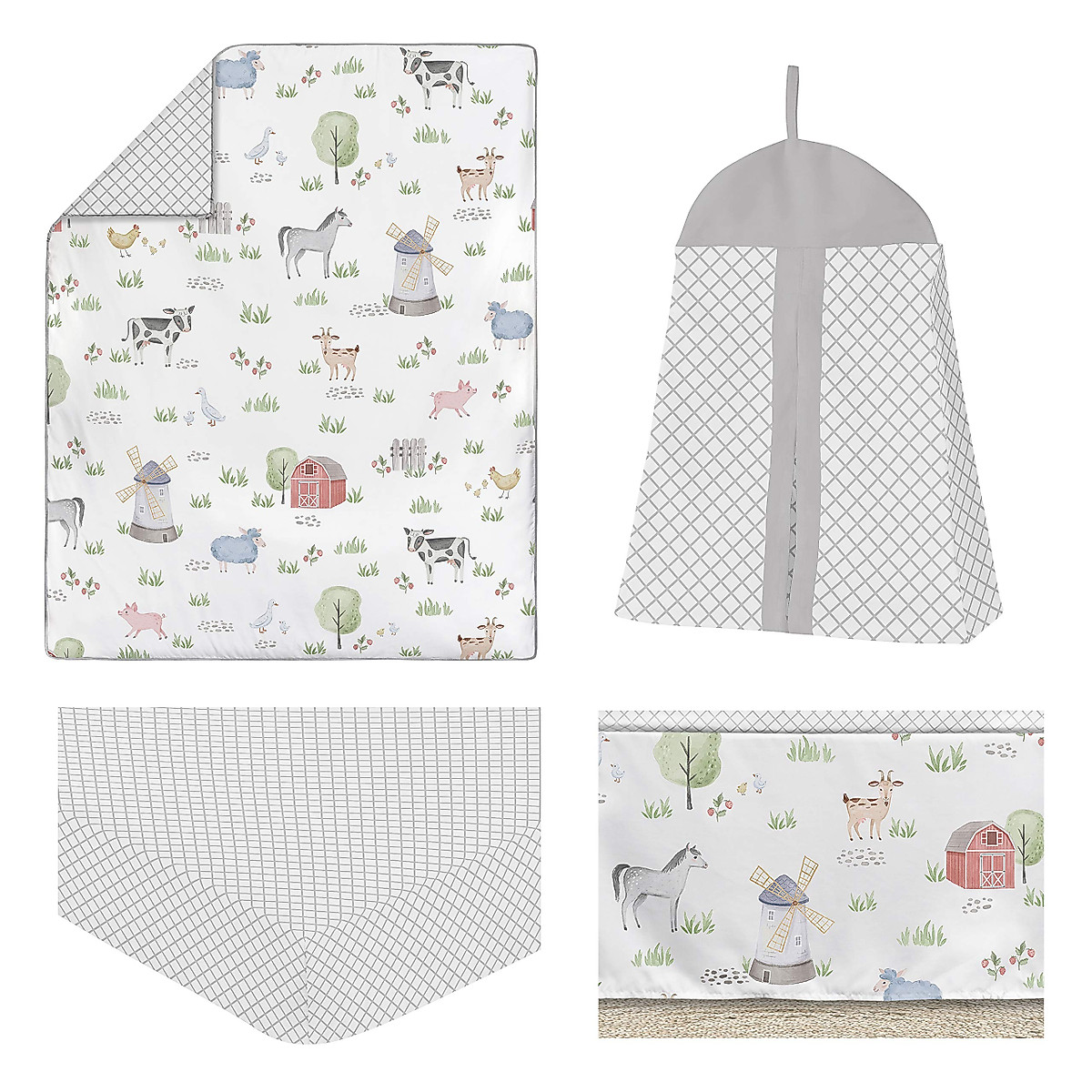 Sweet Jojo Designs Farm Animals Baby Boy or Girl Nursery Crib Bedding Set - 4 pieces - Watercolor Farmhouse Lattice Horse Cow Sheep Pig