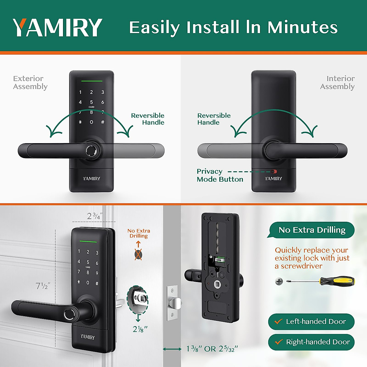 Smart Door Lock, Yamiry Smart Door Handle, Biometric Fingerprint Door Lock, Keyless Entry Door Lock with Handle, Electronic Door Lock, Code Door Lock with Keypad, WiFi Door Lock with APP Control