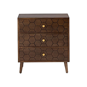 HOMPUS Modern End Table w Honeycomb Pattern, Nightstand w 3 Storage Drawers, Night stand w Walnut Wood Grain Finish, Small Chest of Drawers, Cabinet w 3 Drawers for Bedroom, Living Room, Brown