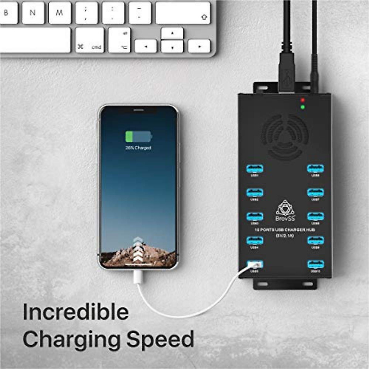 BrovSS: 10 Port USB 3.0 Hub - USB Hub Charger - Powered USB Hub - USB Charging Splitter - Multiple USB Port Hub - Charging Hub with 5V 10A 120W Power Adapter, Cooling Fan, Mounting Brackets (Black)