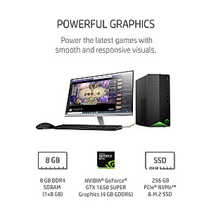 HP Pavilion Gaming Desktop, NVIDIA GeForce GTX 1650 SUPER, Intel Core i3-10100, 8 GB DDR4 RAM, 256 GB PCIe NVMe SSD, Windows 11, USB Mouse and Keyboard, Compact Tower Design (TG01-1022, 2020)