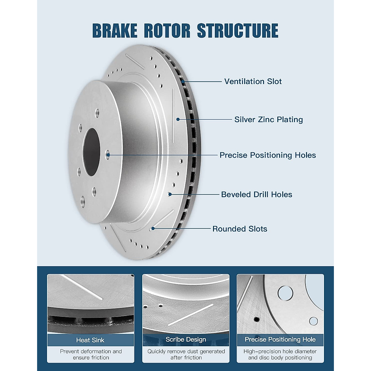 ECCPP 5-Lugs Vented-Silver Brake Rotors Ceramic Brake Pads - For Infiniti FX35 FX37 FX45 JX35 M35h M37 M56 Q50 Q60 Q70 Q70L QX60 QX70, for Nissan Murano Pathfinder Quest