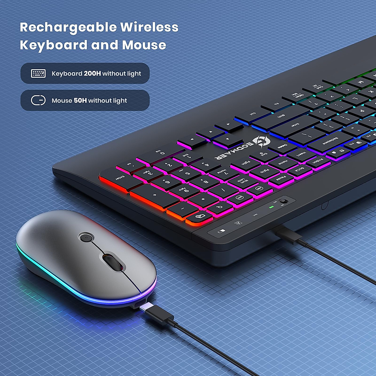 GEODMAER Wireless Keyboard and Mouse Combo with Phone Holder, Wrist Rest, Silent Rechargeable Backlit Full Size Ergonomic Keyboard and Mouse Wireless, Light Up Keyboard and Mouse for PC Mac