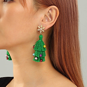 Lightweight Christmas Tree Tassel Beaded Earrings, Bohemian Dangle Drop Green Earrings, Twined with Colored Beads Earring for Women
