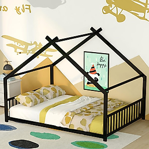 House Beds for Kids, Full Size Floor Bed Frame Metal Montessori Beds with Headboard & Footboard for Children Boys Girls Teens, Black