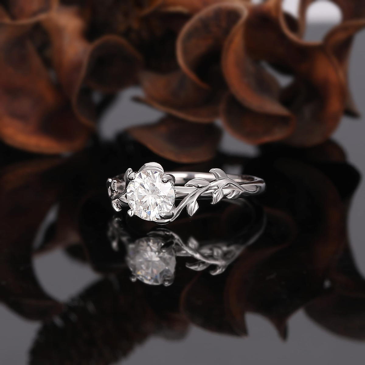 Frayerr Gift For Women - Brilliant 1.01 Carat Round Cut Moissanite Rings - Leaf Shaped Platinum Plated 925 Silver Ring - Art Deco Engagement Rings For Women - Vines Style Promise Rings For Her (5.5)