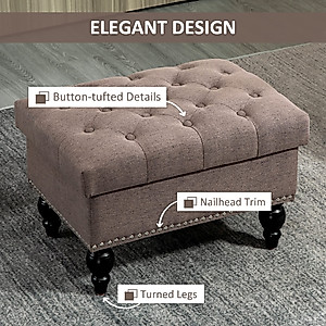 HOMCOM Ottoman with Storage for Living Room, 25" Storage Ottoman with Removable Lid, Button-Tufted Fabric Bench for Footrest and Seat with Wood Legs, Blue