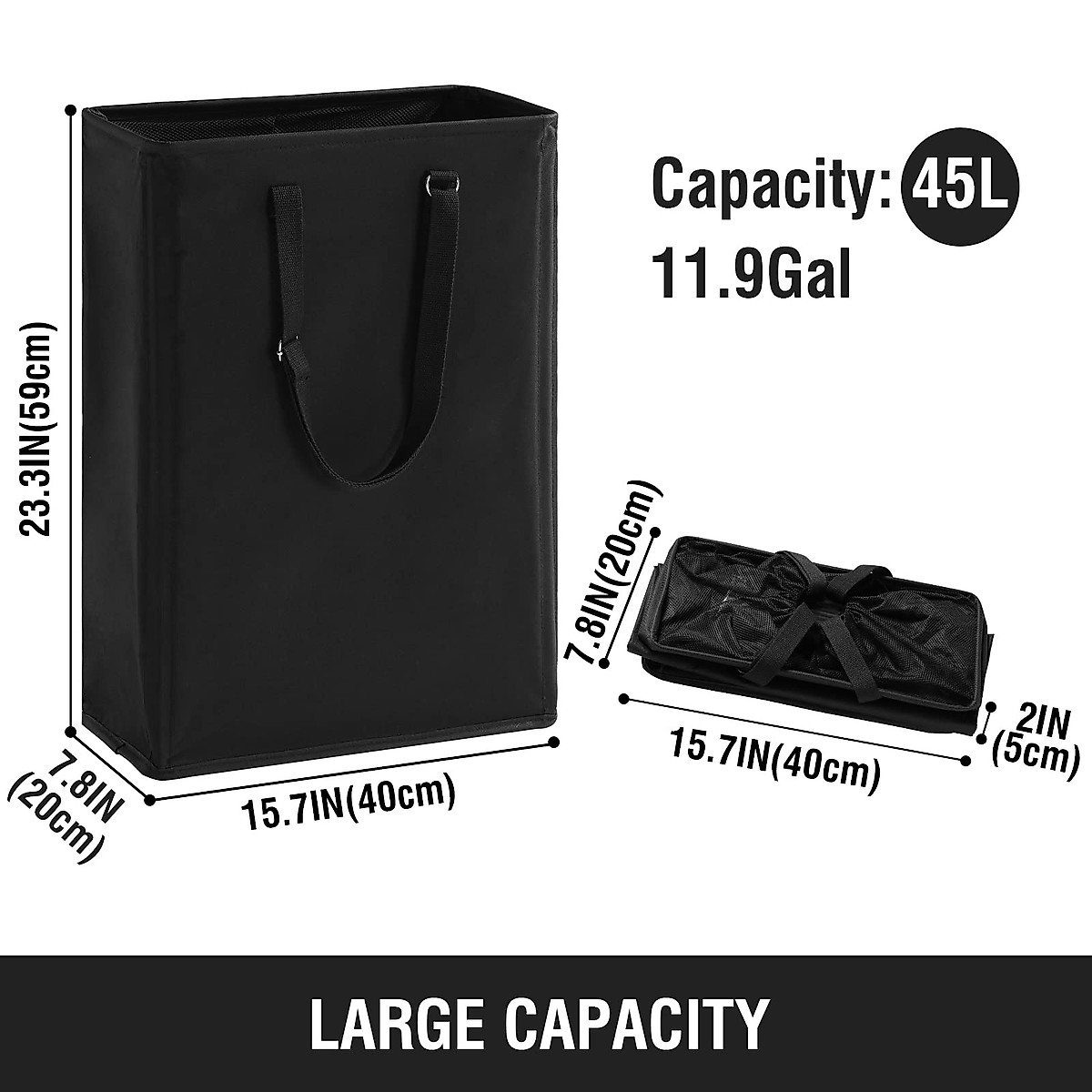 Slim Laundry Hamper with Adjustable Long Handles, 45L Small Laundry Baskets with Mesh Top, Narrow Dirty Clothes Hamper for Bedroom, Closet, and Bathroom - Black