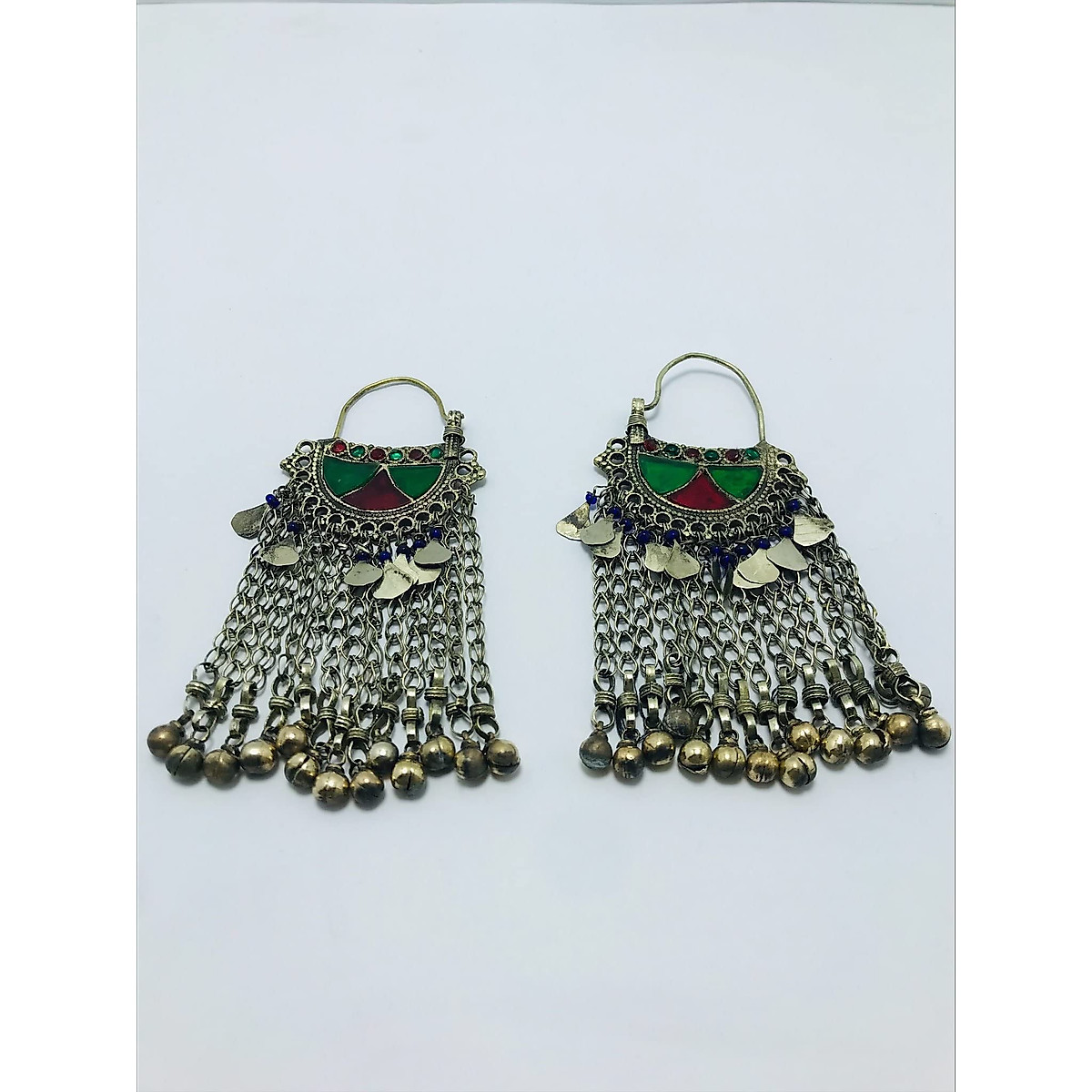 Red and Green Oversized Bells Chaandbaliyaan, Massive Kuchi Boho Earrings With Long Bells, Traditional Afghani Earrings, Vintage Jewelry