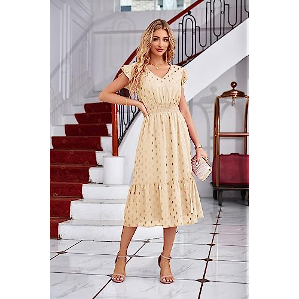 Womens Summer Dresses 2023 V Neck Ruffle Sleeve Polka Dot Dress A-Line Flowy Split Tiered Party Wedding Guest Dress Beige Dress L