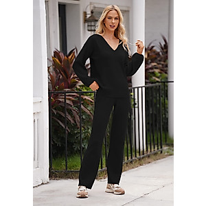 Fixmatti Women 2 Piece Outfit Set Long Sleeve Knit Pullover V Neck Sweater Top and Wide Leg Pant Sweatsuit Black XL