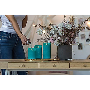 Set of 3 Realistic Flameless Turquoise LED Candles with Remote Control - 4'' 5'' 6'' Electric Wickless Pillar Battery Operated Candles with Flickering Flame Timer