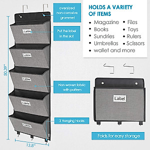 homyfort Over the Door File Organizer, Wall Hanging File Folders with 5 Large Pocket for Mails, Magazines, Back to School Supplies,Office Chart Storage, Paper Organization (Grey)