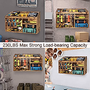 Wokyy Wall Mount Power Tool Organizer, Large Space Garage Tools Storage Cabinet, Workshop Wooden Shelf Rack, Cordless Drills Screwdrivers Holder - Brown