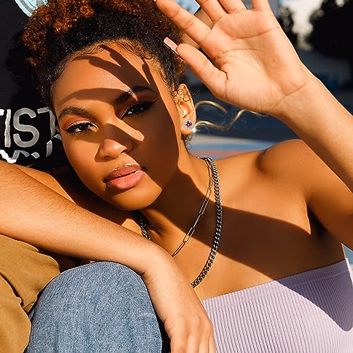 Jstyle 18K White Gold Plated Halo Stud Earrings 925 Sterling Silver Cubic Zirconia Stud Earrings Round Square Red Stud Earrings Set for Women Men CZ Birthstone Jewelry Gifts