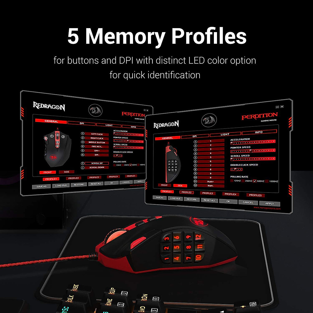 Redragon M901-1 Perdition MMO Gaming Mouse, LED RGB Backlight, 24000 DPI, 18 Programmable Buttons, Ergonomic Design, Wired USB Connection, Black