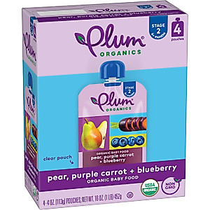 Plum Organics Stage 2 Organic Baby Food - Pear, Purple Carrot, and Blueberry - 4 oz Pouch (Pack of 4) - Organic Fruit and Vegetable Baby Food Pouch