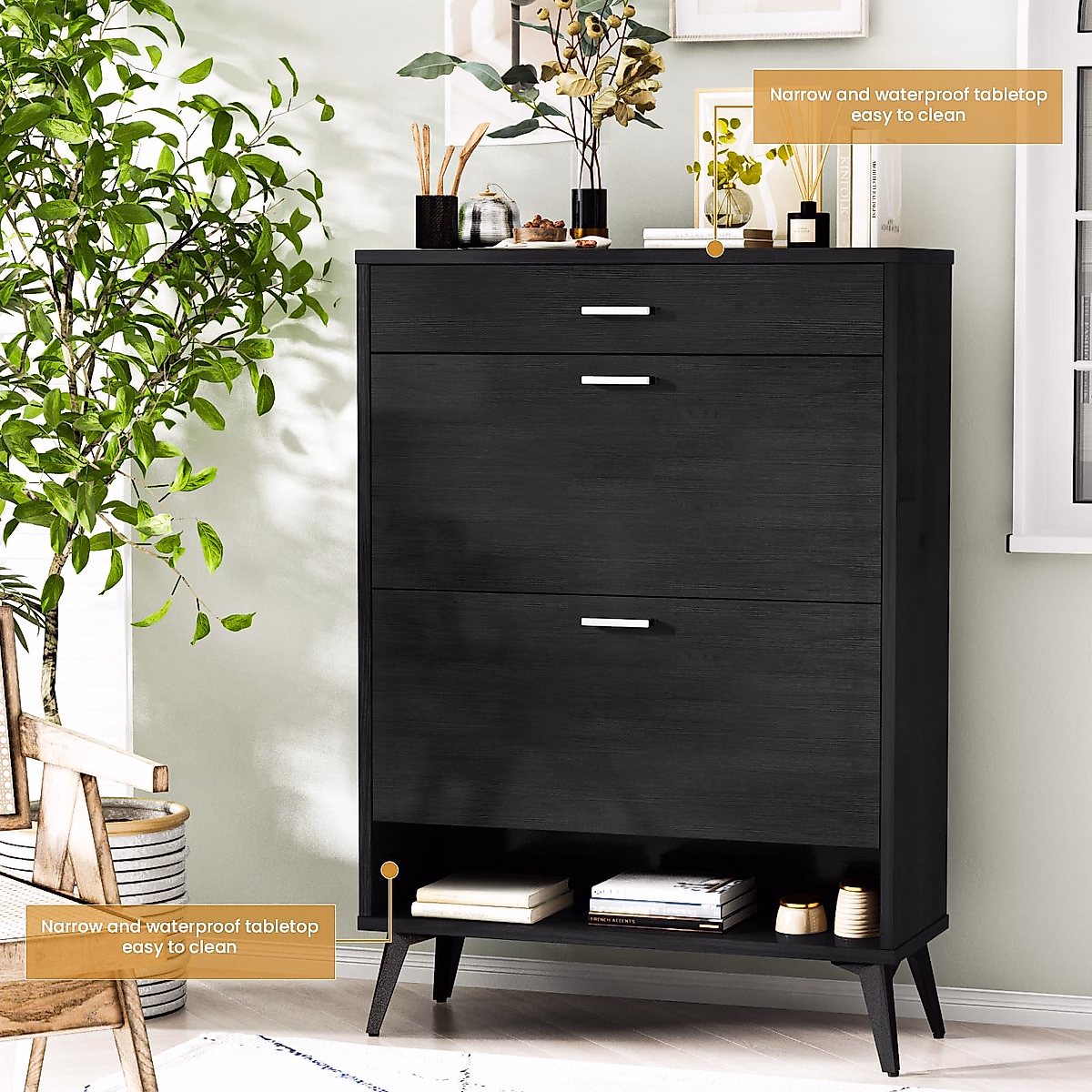 Lamerge Shoe Storage Cabinet for Entryway, Free Standing Shoe Organizer with 2 Flip Drawers，Hidden Shoe Rack Storage Organizer for Doorway Hallway, Black