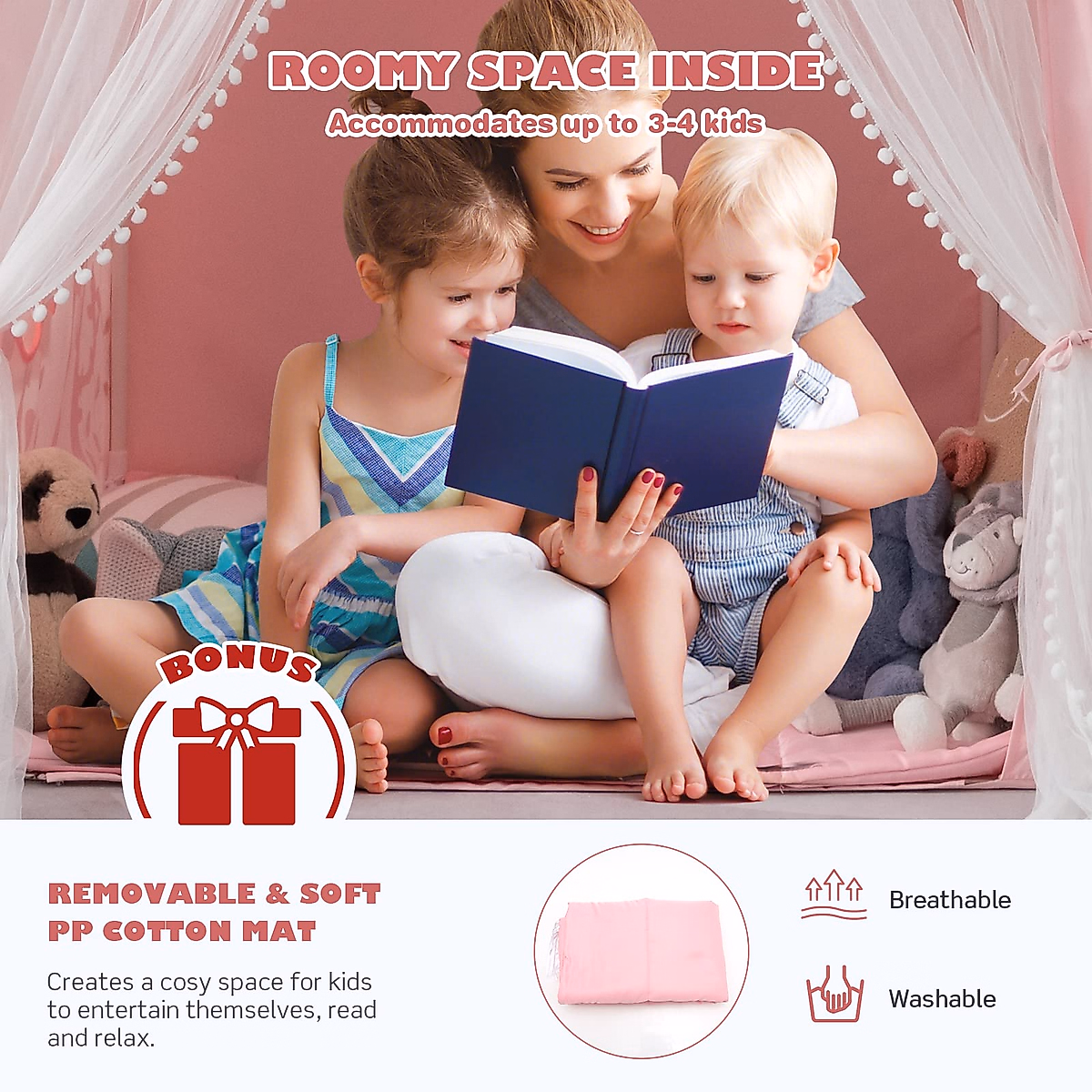 Costzon Kids Tent with Padded Cotton Mat, Large Playhouse for Girls w/Longer Mesh Curtain, Solid Frame, Roll-Up Windows, Indoors and Outdoors Princess Tent Castle Playhouse for Toddlers (Pink)