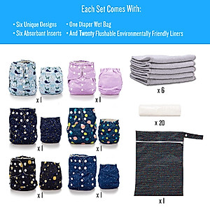 Simple Being Reusable Cloth Diapers, Double Gusset, One Size Adjustable, Washable Soft Absorbent, Waterproof Cover, Eco-Friendly Unisex Baby Girl Boy, six 4-Layers Microfiber Inserts (Constellations)